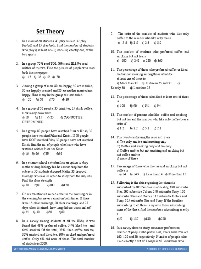 Set Theory Venn Diagram Class Sheet | PDF | Science | Science And ...