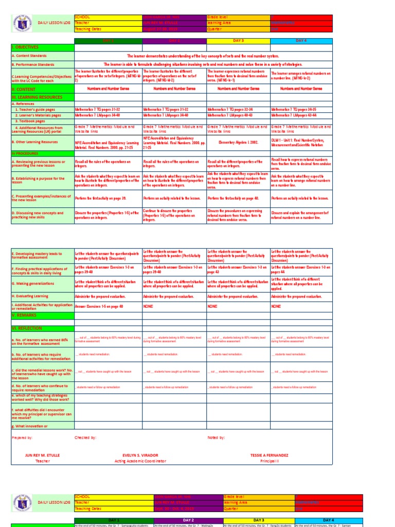 Grade 7 Math Daily Lesson Log | PDF | Algebra | Educational Assessment