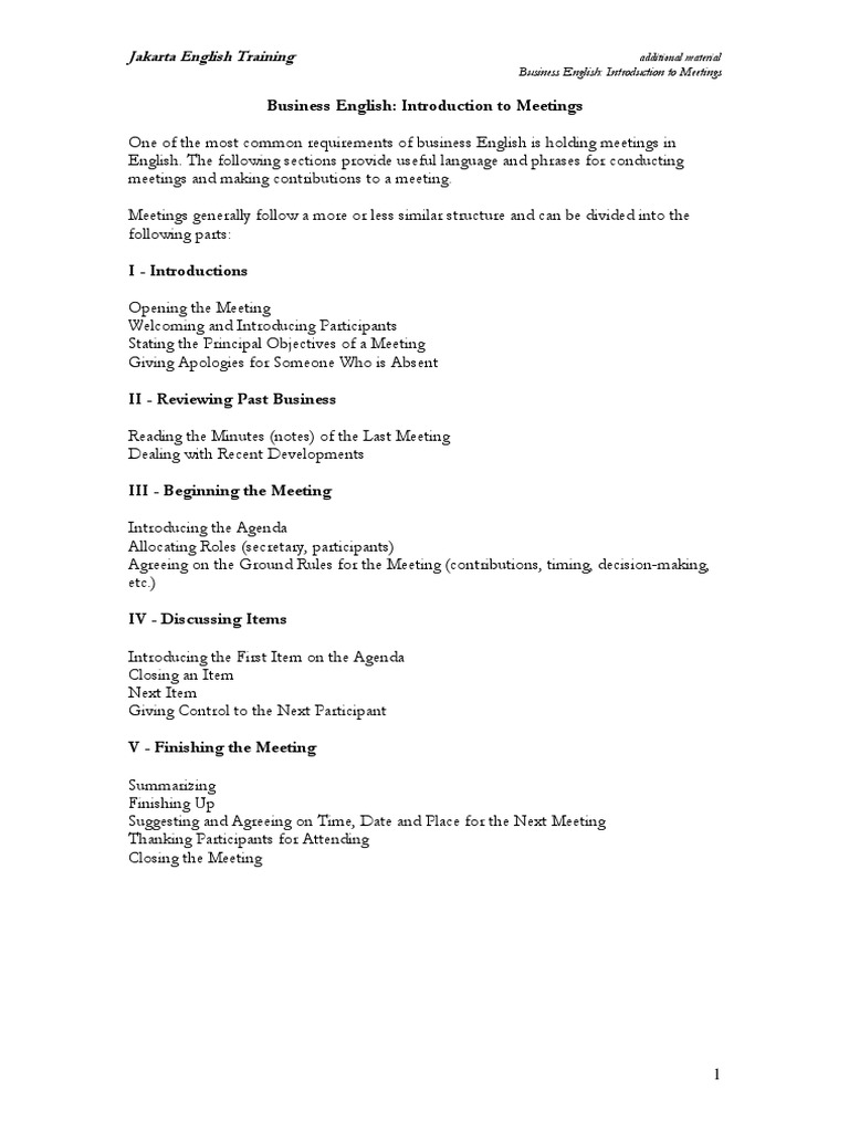 Business English Introduction To Meetings | PDF | Agenda (Meeting) | Sales