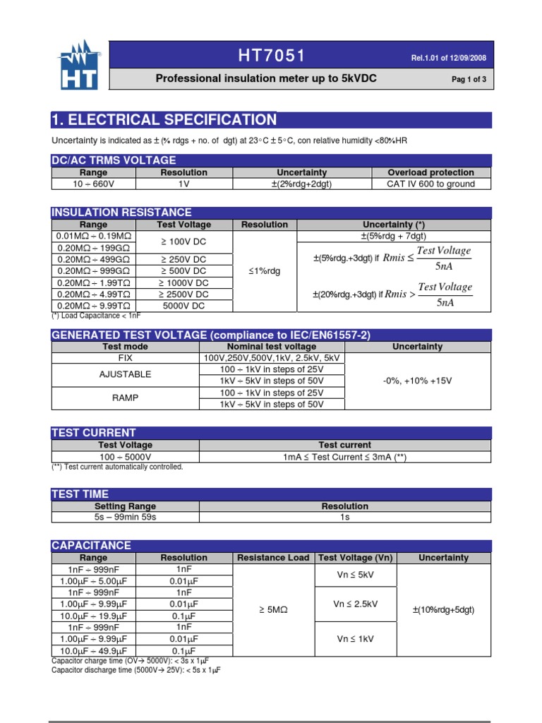 HT7051 Insulation Meter Specifications | PDF | Capacitor | Power Supply