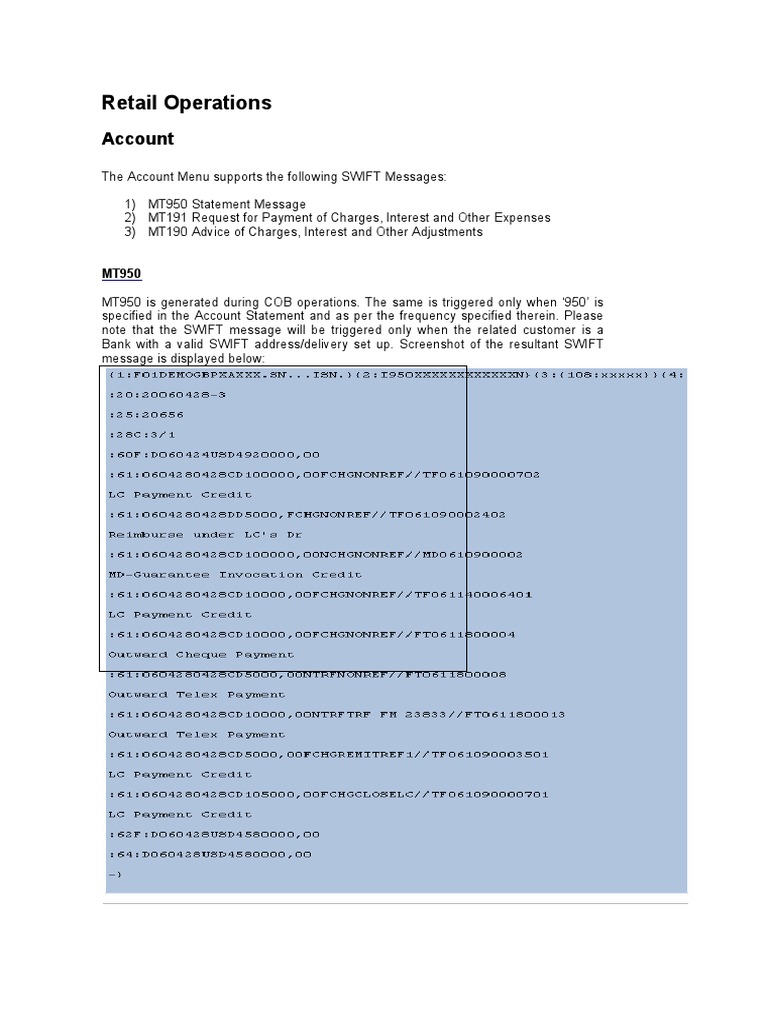 Retail Operations - SWIFT Message T24 | PDF