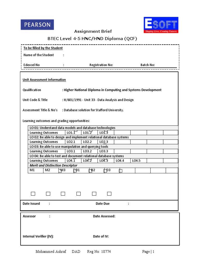 Assignment Brief BTEC Level 4-5 HNC/HND Diploma (QCF) : To Be Filled by The Student | PDF ...
