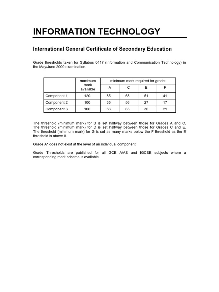 IGCSE ICT Grade Thresholds 2009 | PDF | Statistics Of Education ...