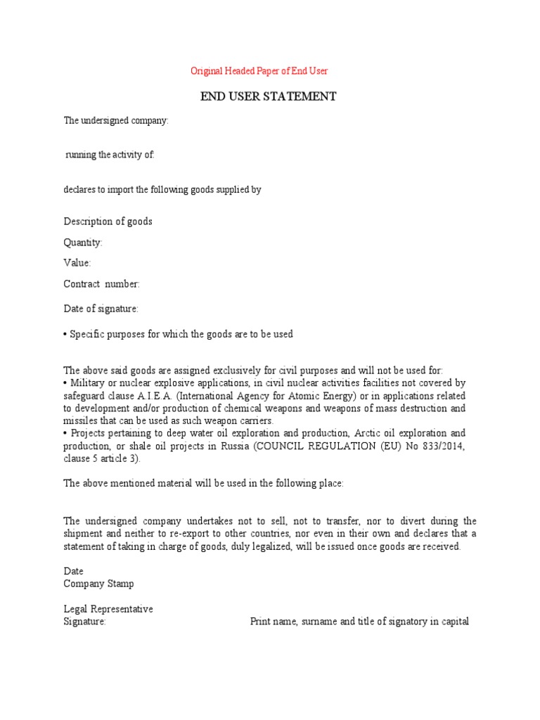 End User Statement: The Undersigned Company | PDF