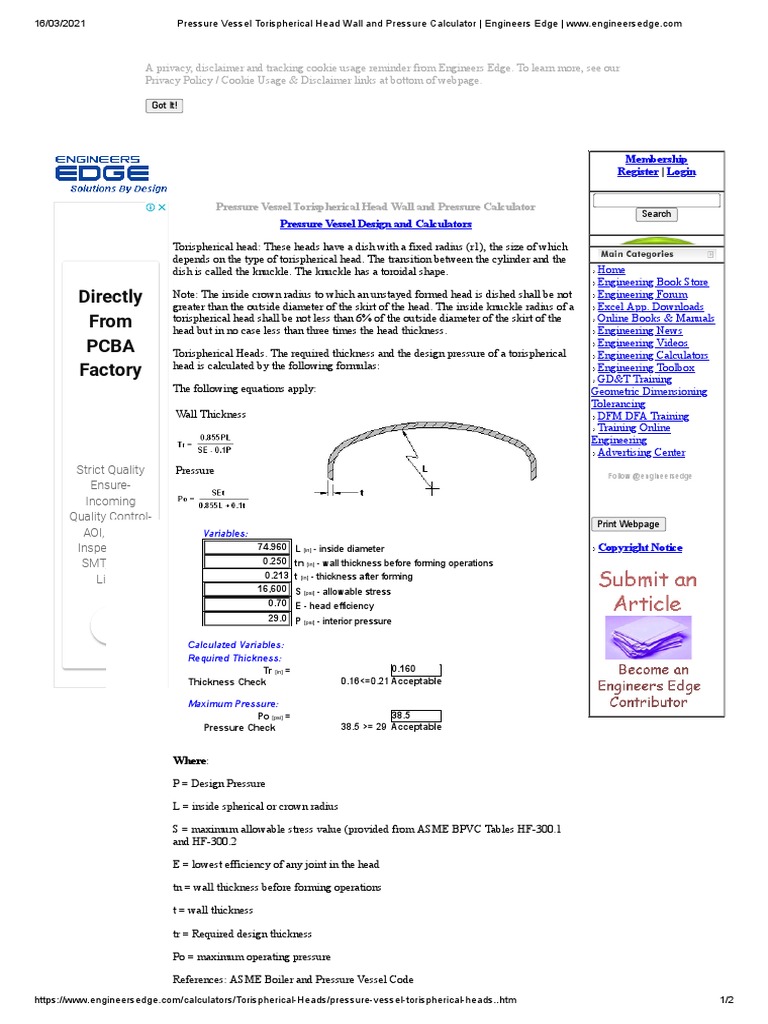 Pressure Vessel Torispherical Head Wall and Pressure Calculator ...