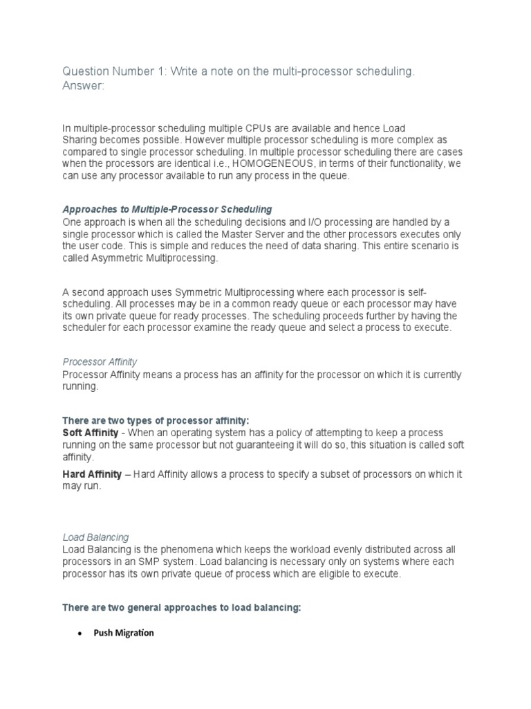 Question Number 1: Write A Note On The Multi-Processor Scheduling. Answer | PDF | Multi Core ...