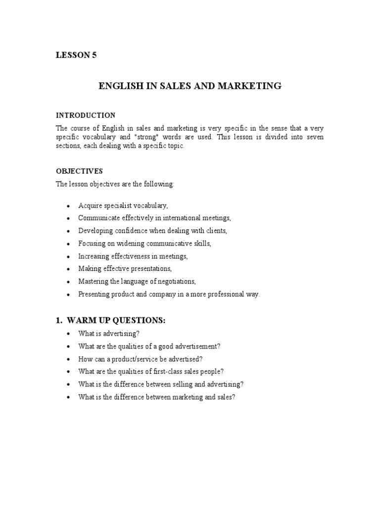 English in Sales and Marketing: Lesson 5 | PDF | Sales | Marketing