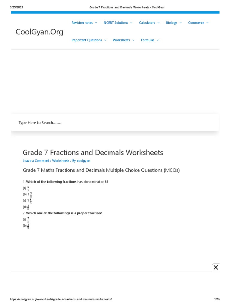 Grade 7 Maths Fractions and Decimals Multiple Choice Questions (MCQS ...