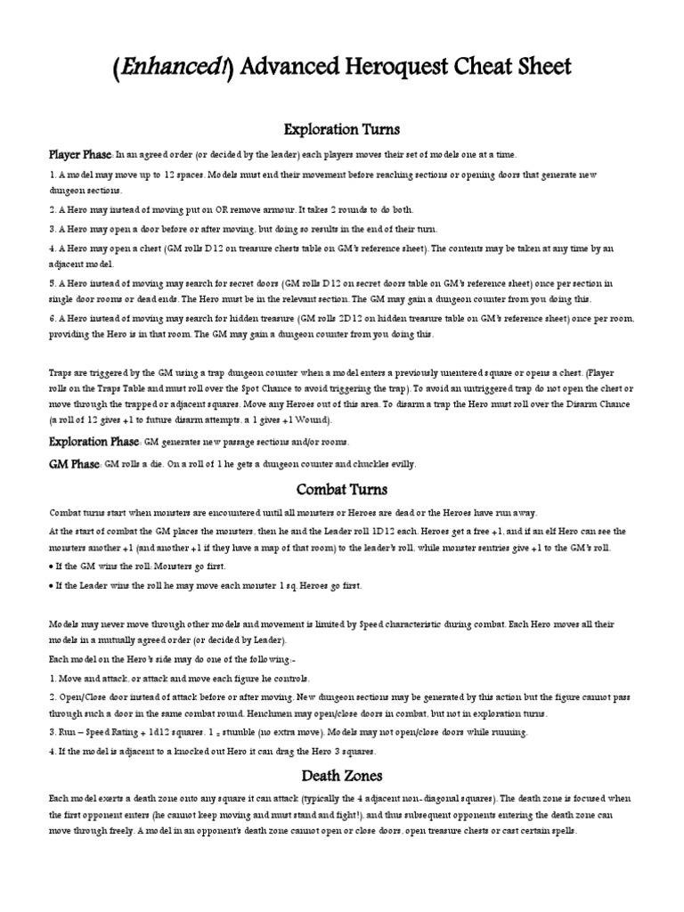 Enhanced!: Advanced Heroquest Cheat Sheet | PDF | Role Playing Games ...