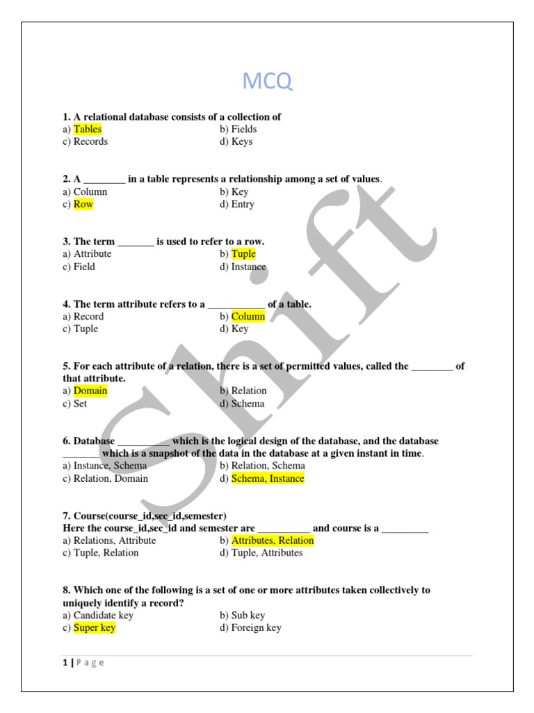 MCQ | Download Free PDF | Relational Database | Relational Model