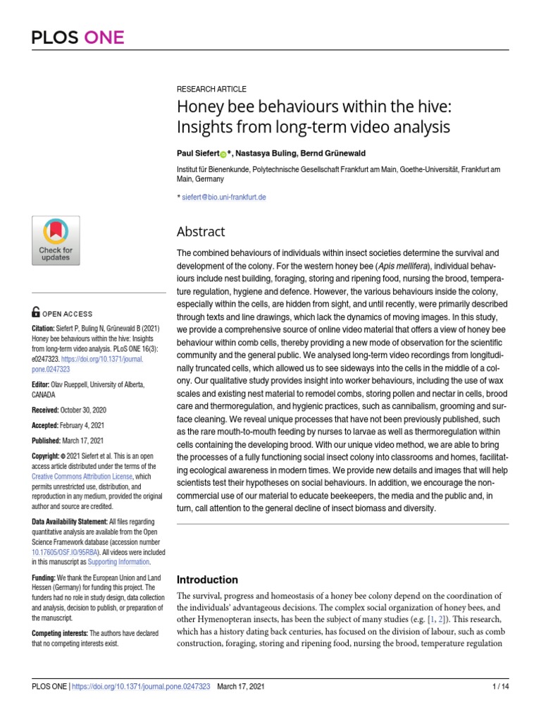 Honey Bee Behaviours Within The Hive: Insights From Long-Term Video ...