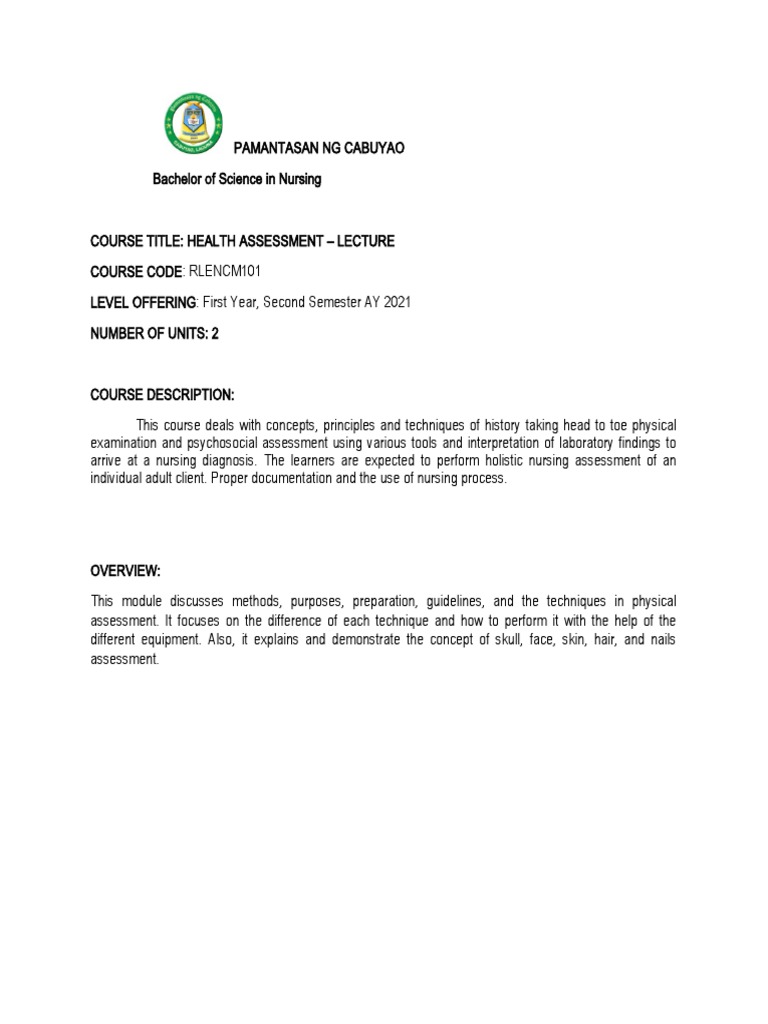 Health Assessment NCM 101 Lec Learning Mat | Download Free PDF | Nursing | Inference