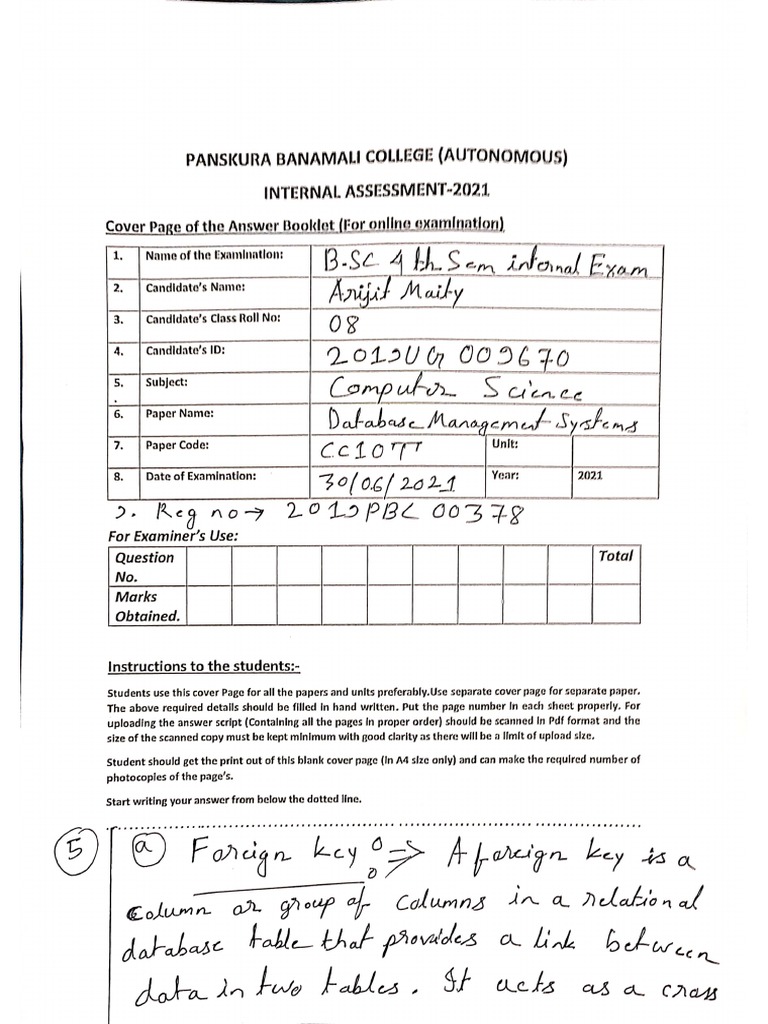 Database Management System Answer Sheet | PDF