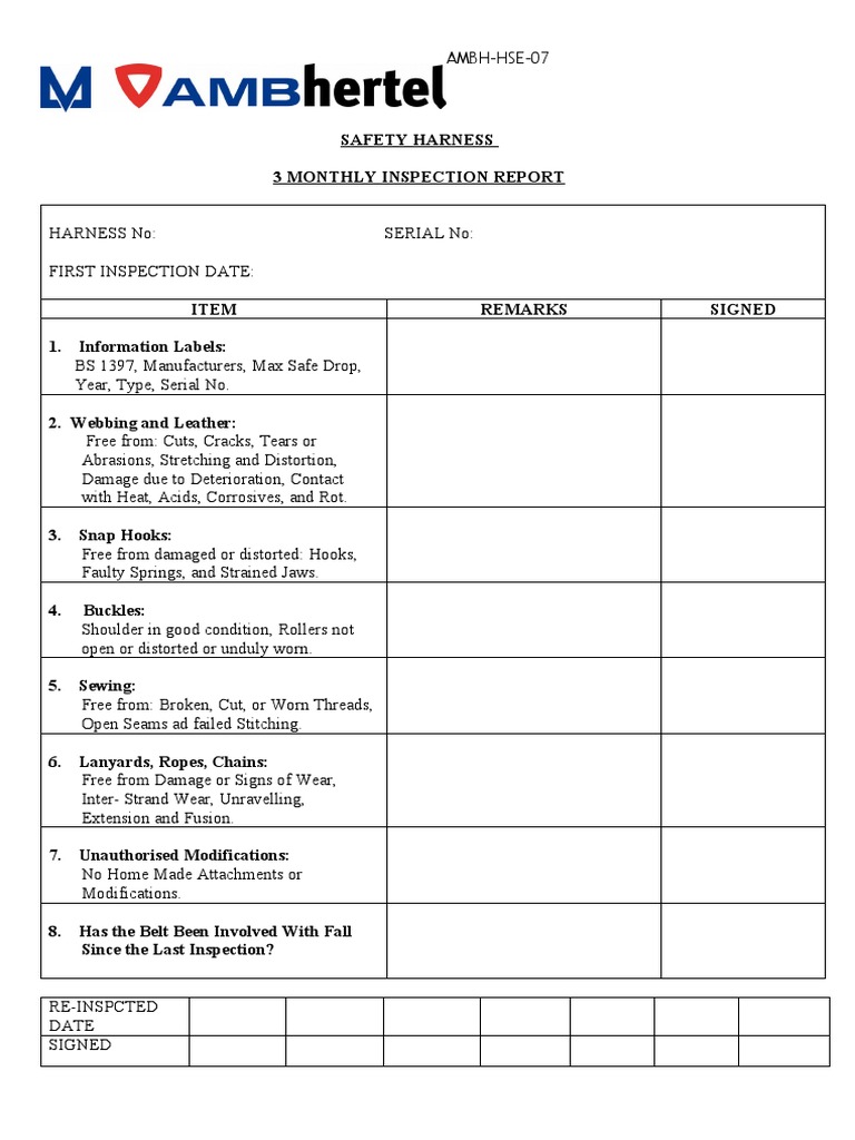 Monthly Inspection Report | PDF | Rope | Manufactured Goods