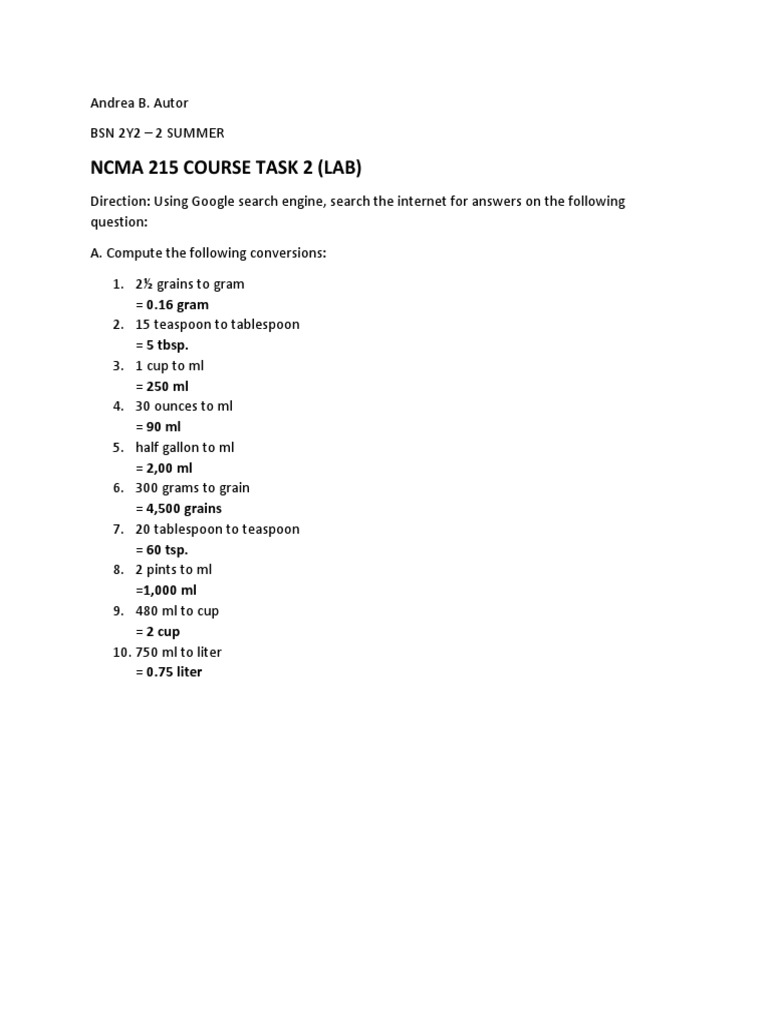 Ncma 215 Course Task 2 (Lab) | Download Free PDF | Knife | Cuisine
