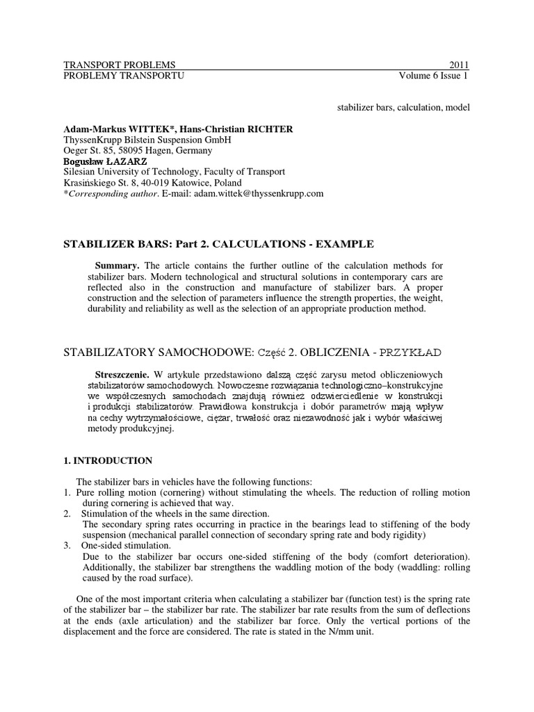 Calculation of Stabilizer Bar Rate and Strength Analysis: An Example ...