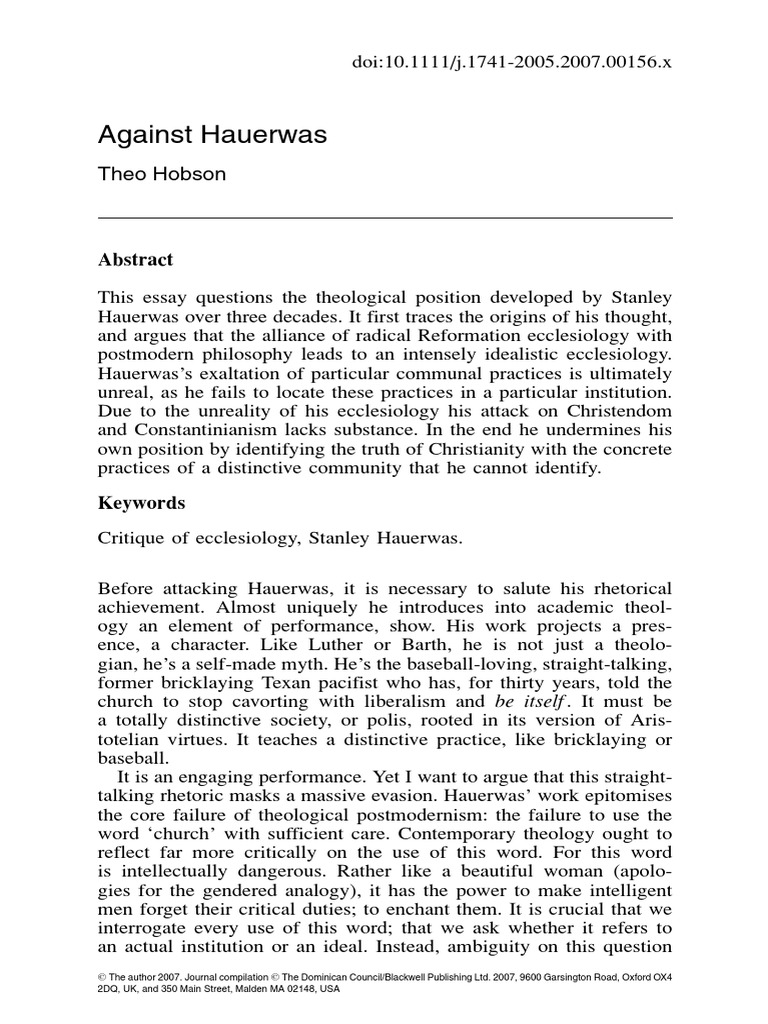 Critique of Hauerwas' Ecclesiology | PDF | Christian Church | Ecclesiology