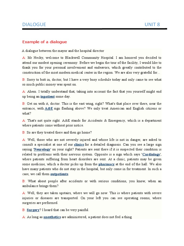 Dialogue Unit 8: Example of A Dialogue | PDF | Hospital | Patient