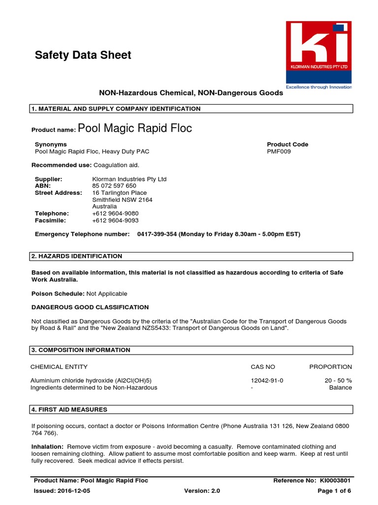 Safety Data Sheet: Pool Magic Rapid Floc | PDF | Dangerous Goods | Toxicity