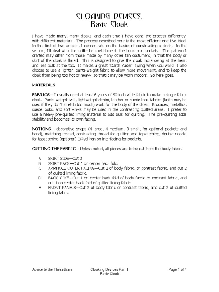 Cloaking Devices, Part 1 - Basic Cloak | PDF | Seam (Sewing) | Sewing