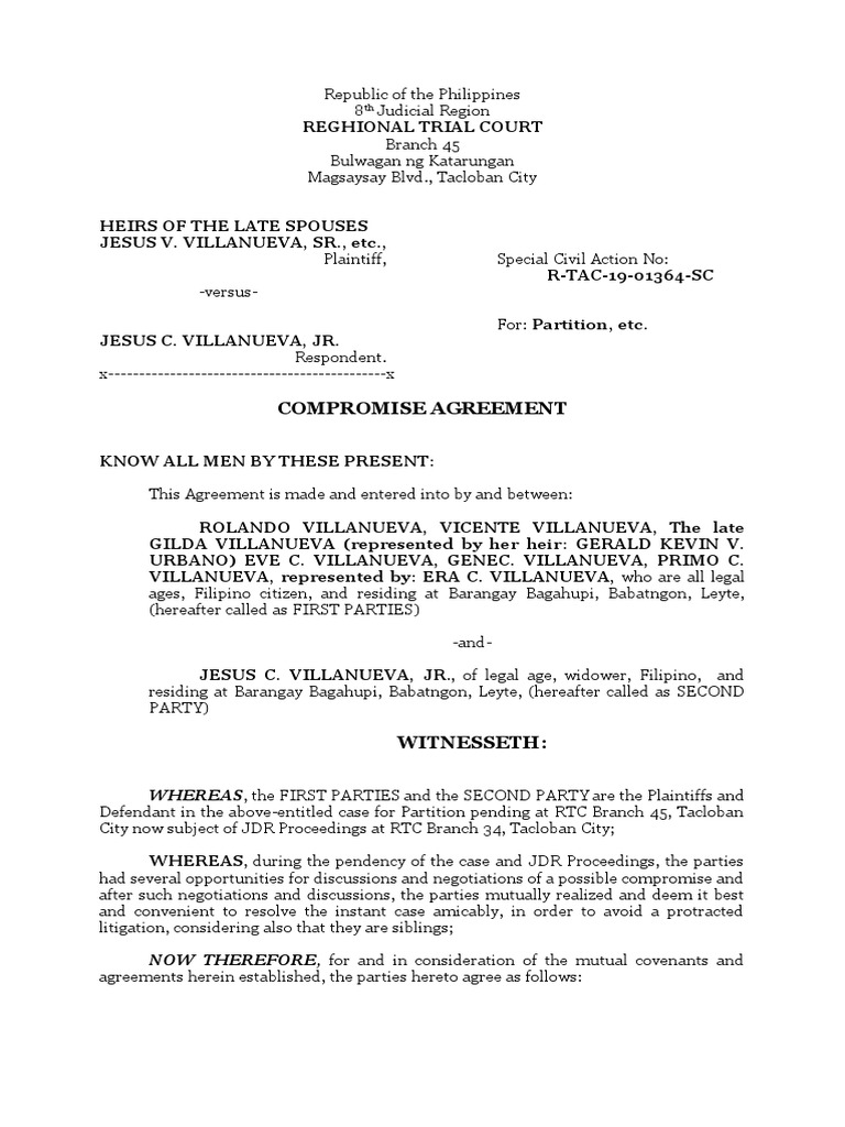 Compromise Agreement: WHEREAS, The FIRST PARTIES and The SECOND PARTY ...