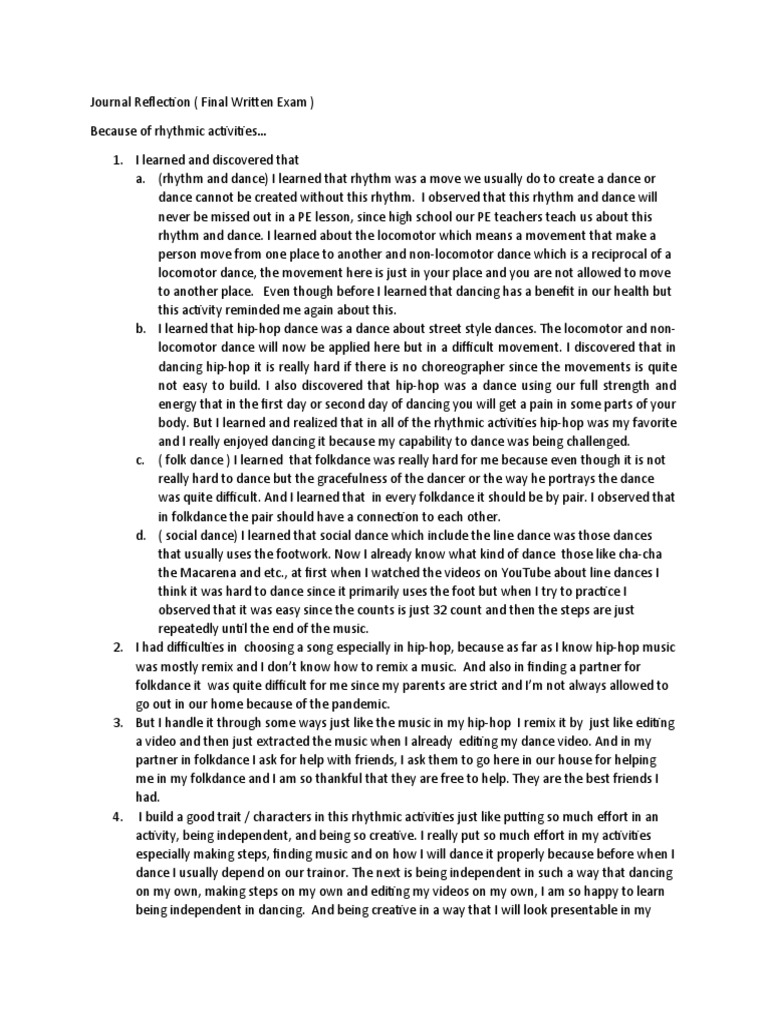 Journal Reflection | PDF | Dances | Performing Arts