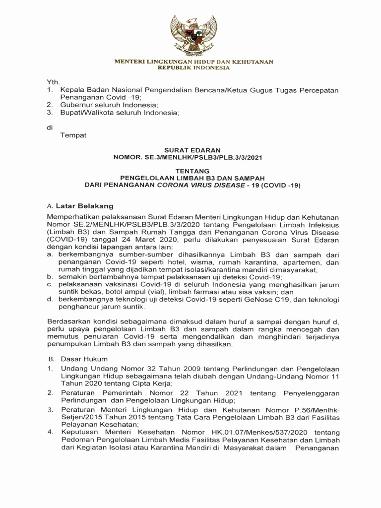 SE.3.MENLHK - PSLB3 - .PLB - .3.3.2021 Surat Edaran Tentang Pengelolaan ...