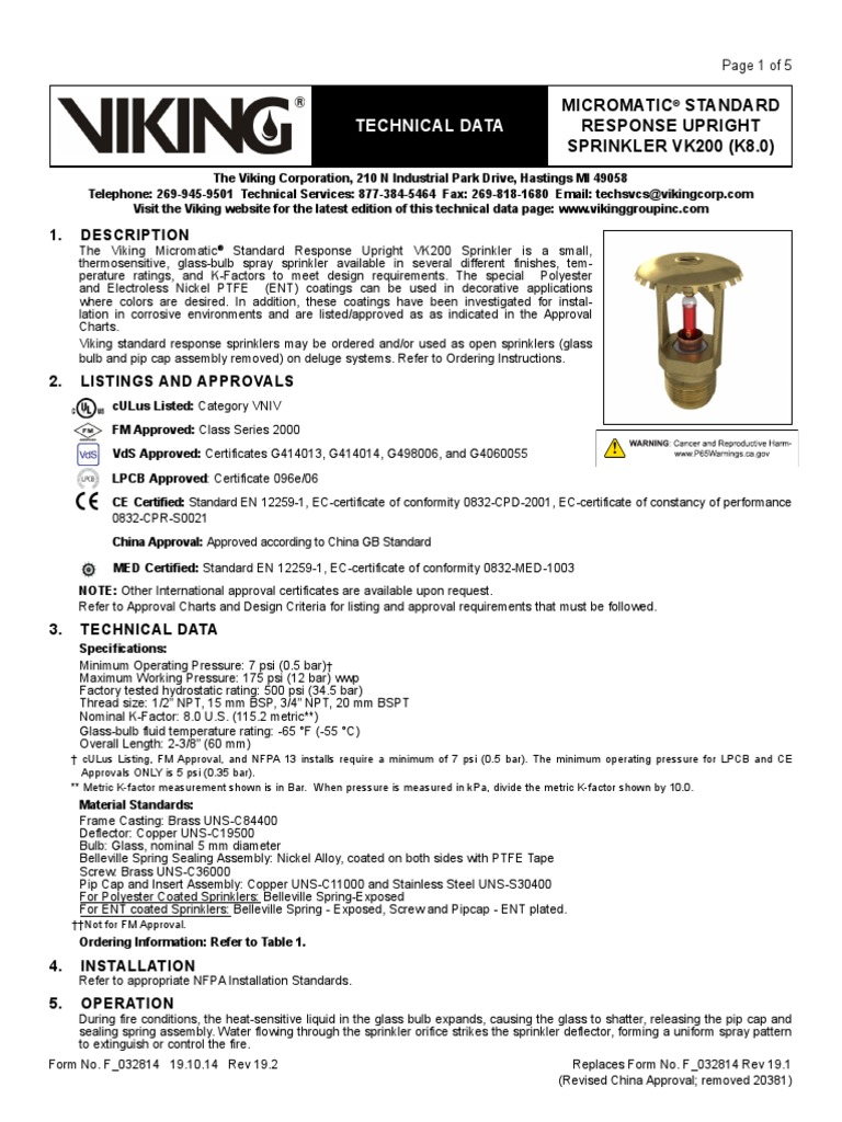 VK200 K8 Upright | PDF | Fire Sprinkler System | Building Engineering