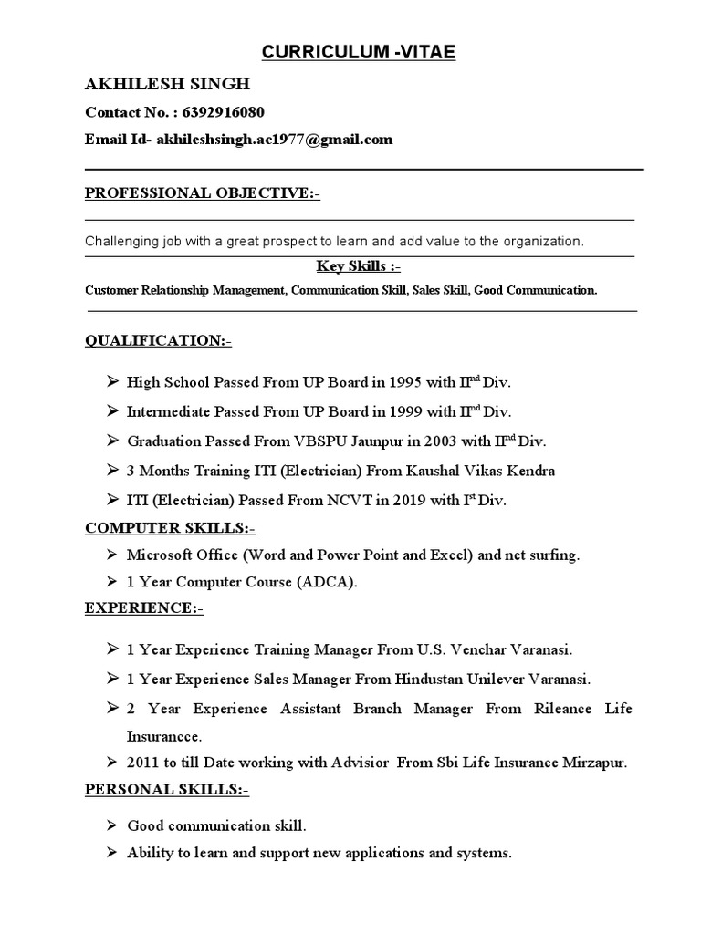 Curriculum - Vitae Akhilesh Singh: Contact No.: 6392916080 | PDF