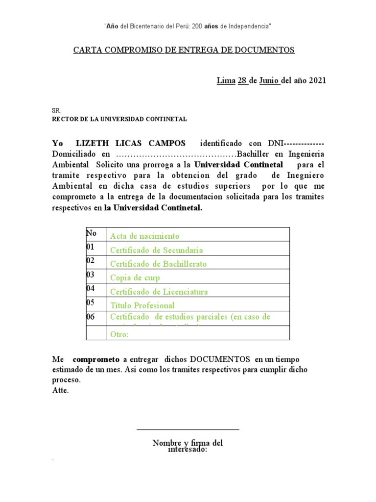 Carta Compromiso Entrega Docmentos | PDF