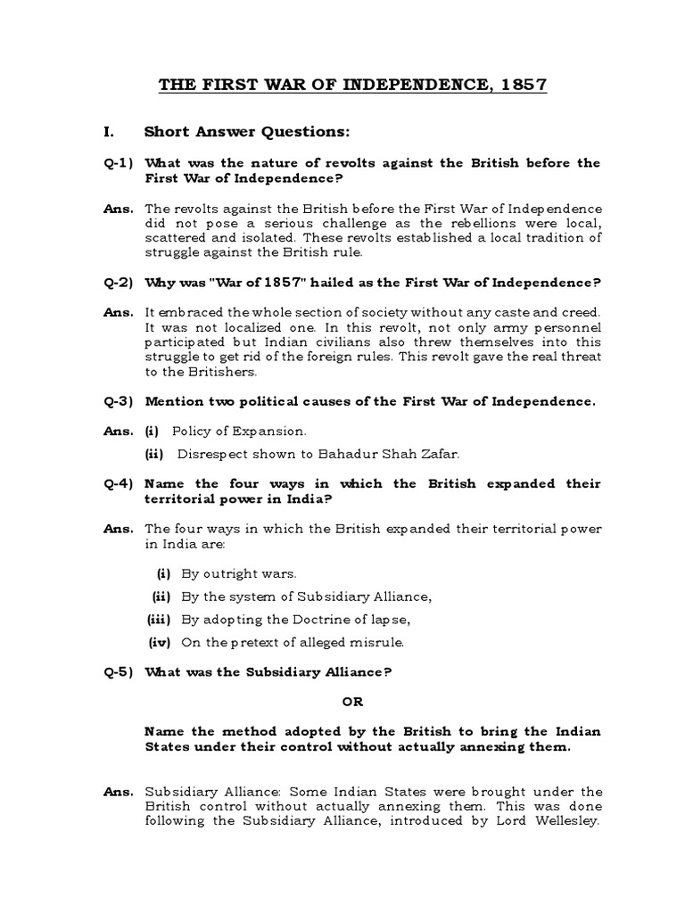 The First War of Independence, 1857: I. Short Answer Questions | PDF ...