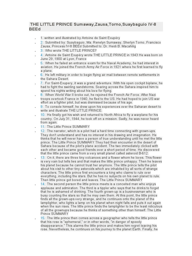 THE LITTLE PRINCE Summary | PDF | The Little Prince | Narration