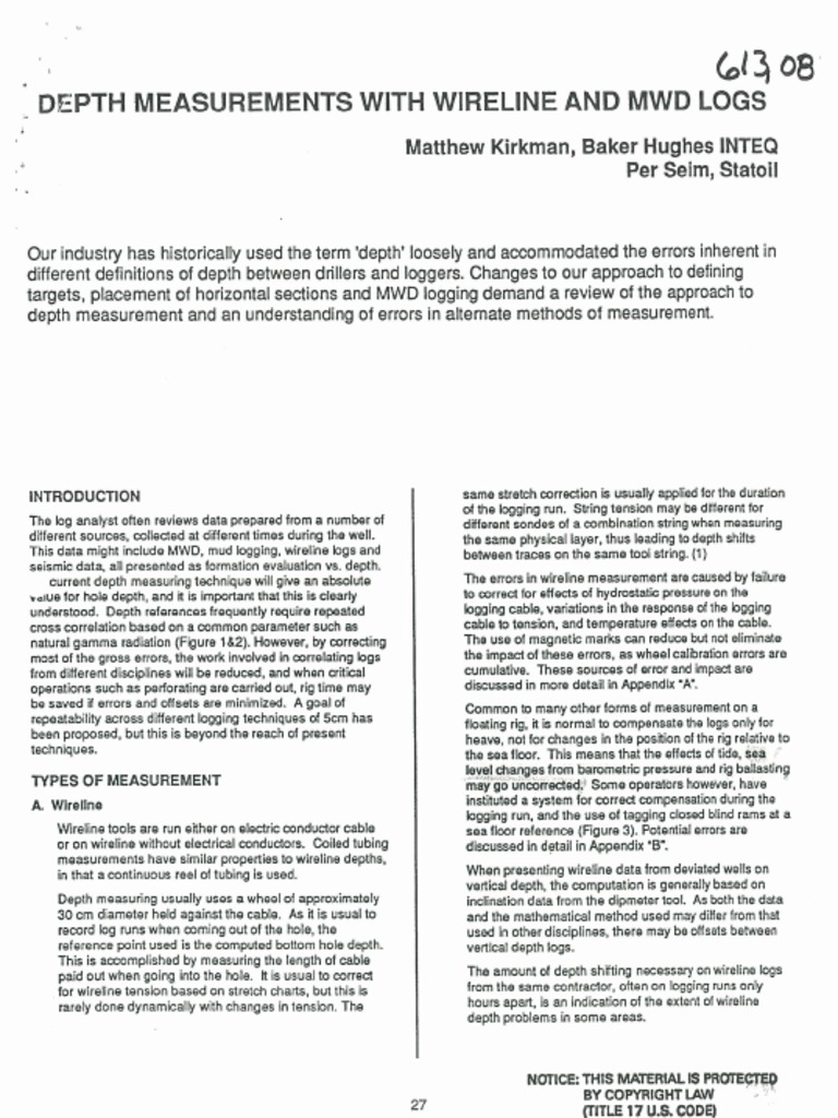 Depth Measurement With Wireline and MWD Logs | PDF