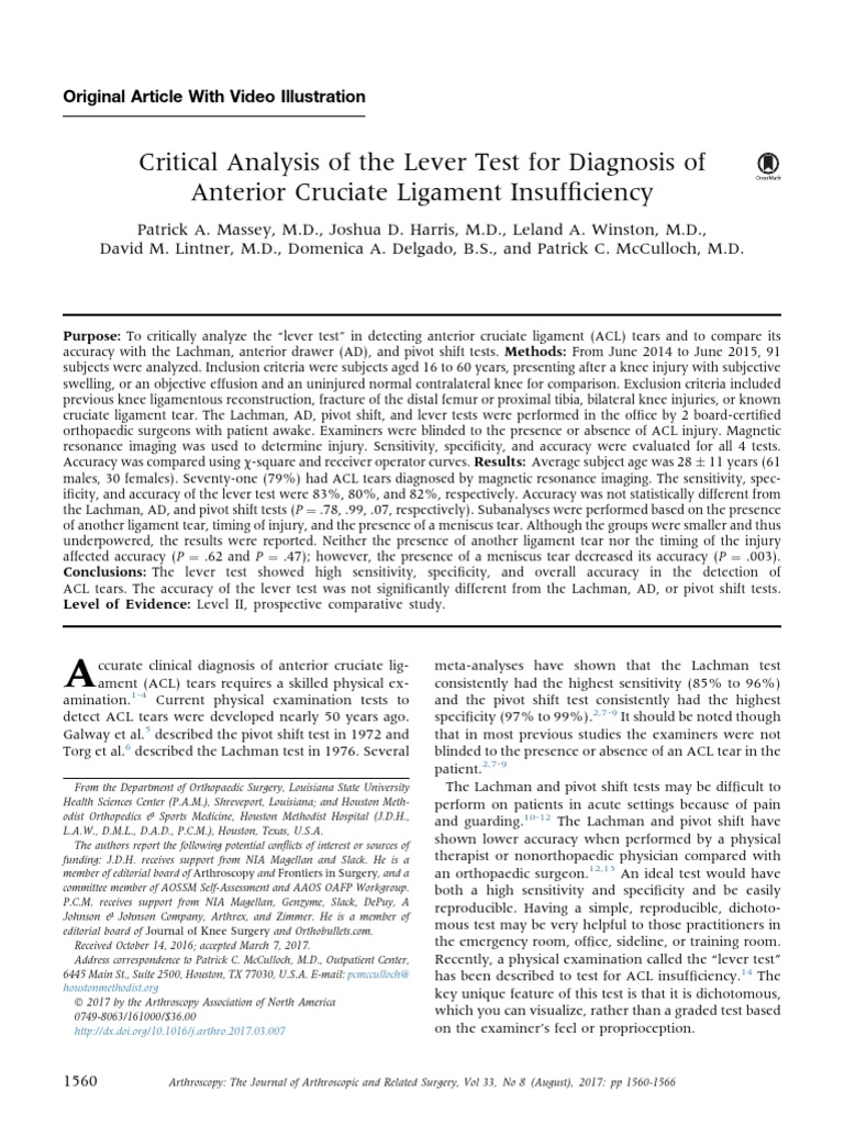 Lever Test ACL | PDF | Knee | Sensitivity And Specificity