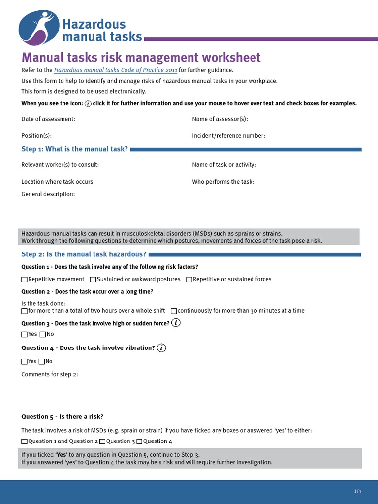 Manual Tasks Risk Management Worksheet | PDF