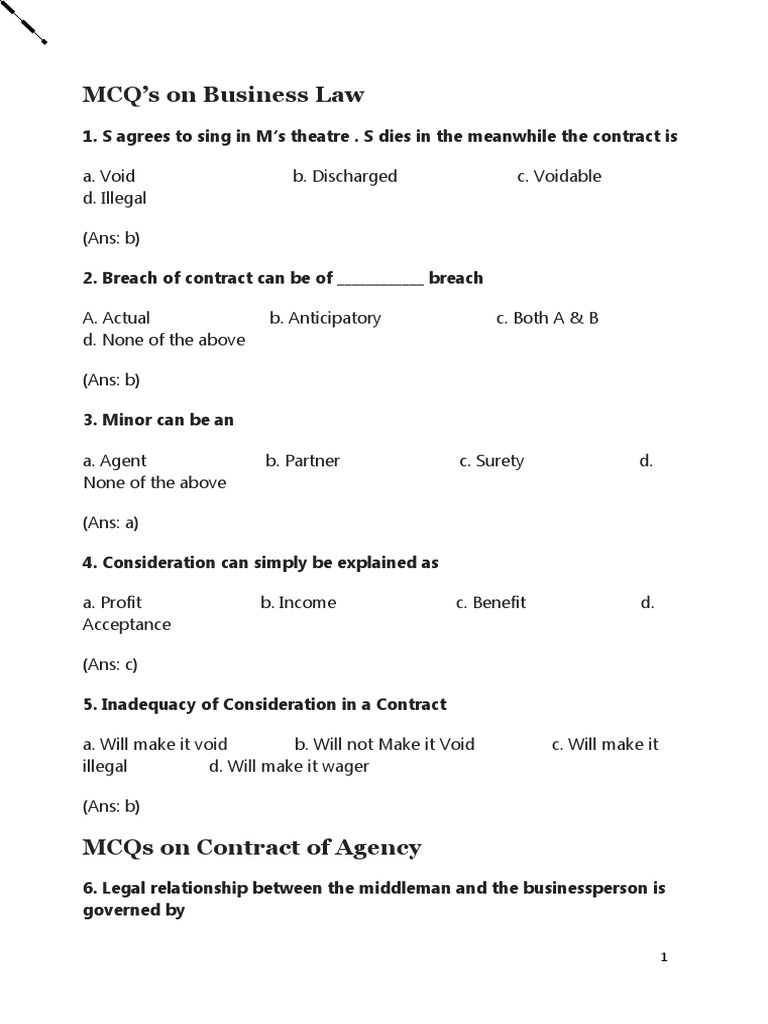 Business Law Multiple Choice Questions and Answers | PDF | Implied ...