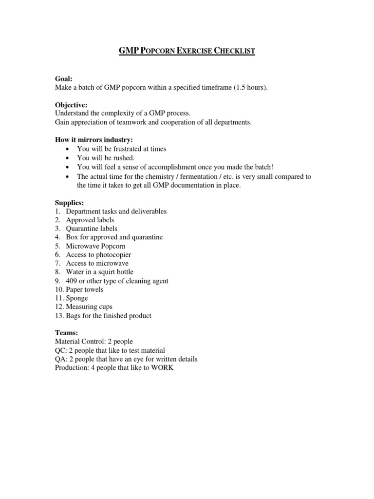 GMP Popcorn Exercise Checklist | PDF | Specification (Technical ...