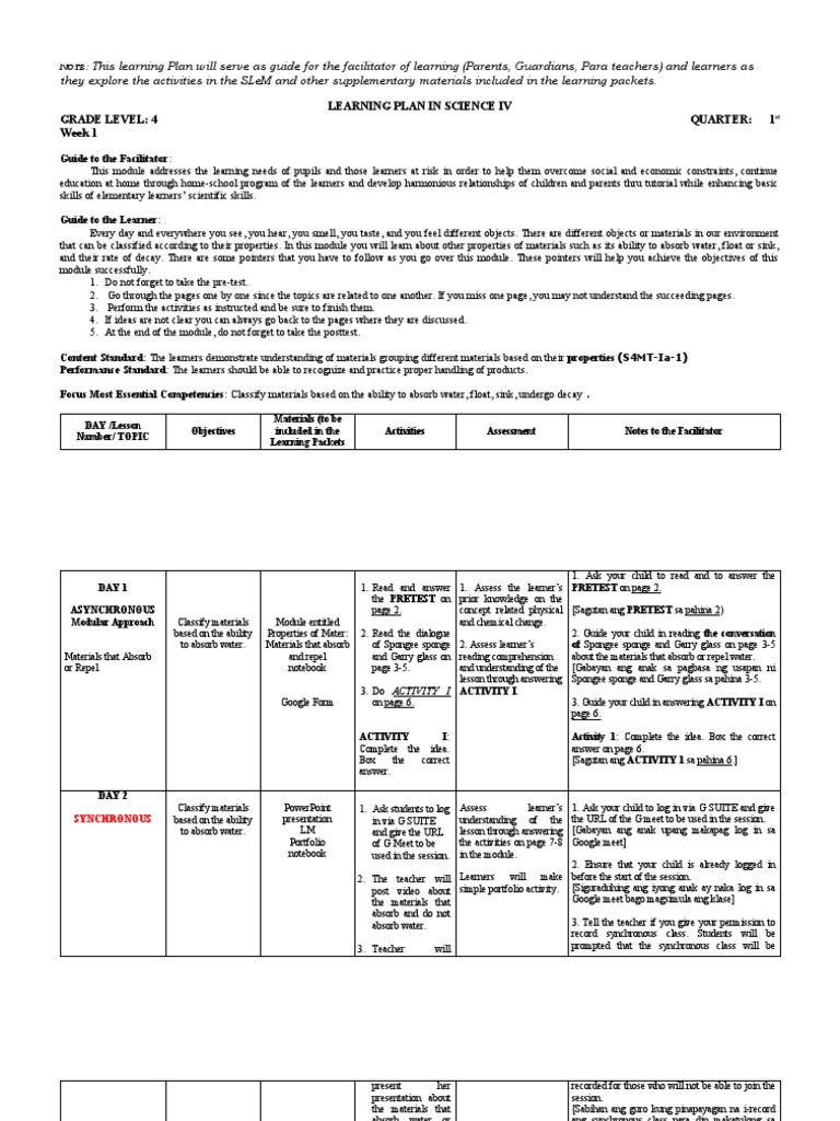 Learning Plan in Science Iv Grade Level: 4 Quarter: 1 Week 1 | PDF ...