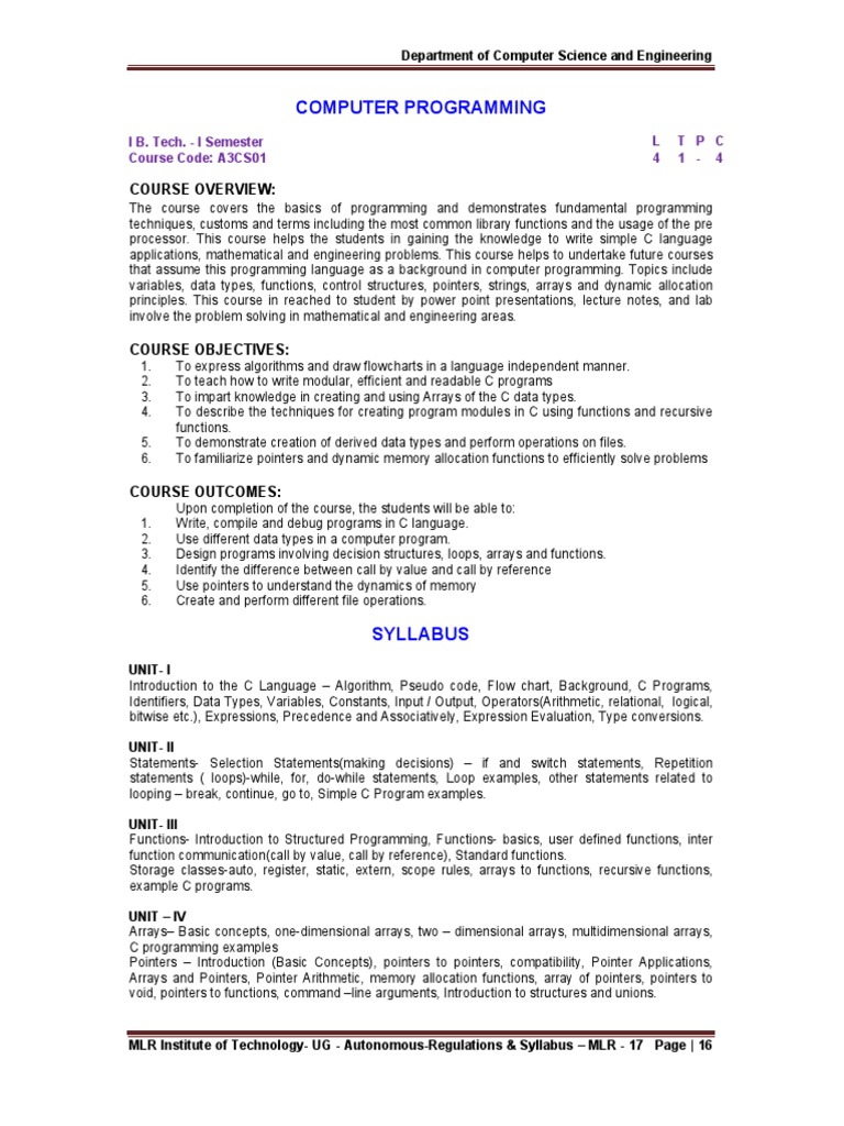 Computer Programming: Course Overview | PDF | Pointer (Computer ...