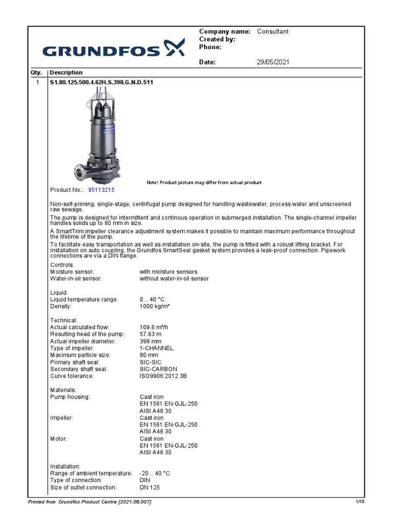 Technical Specifications and Performance Curve for a Grundfos S1.80.125.500.4.62H.S.398.G.N.D ...