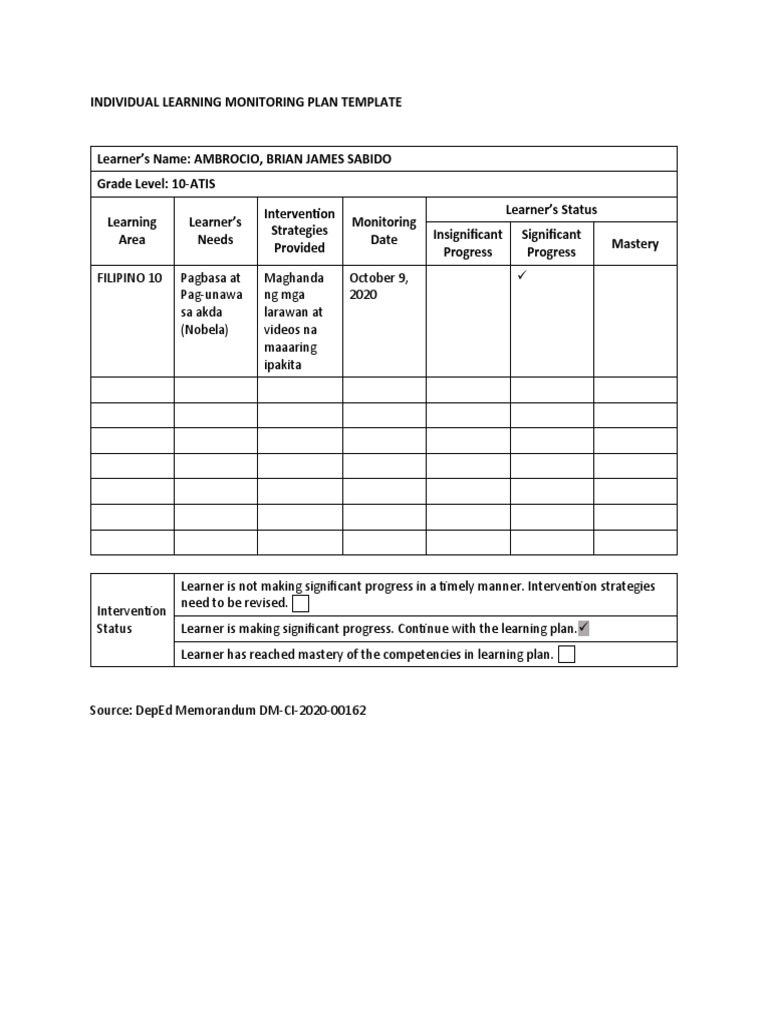 Individual Learning Monitoring Plan Template | PDF