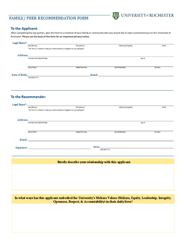 Family/ Peer Recommendation Form: To The Applicant | PDF | Privacy ...