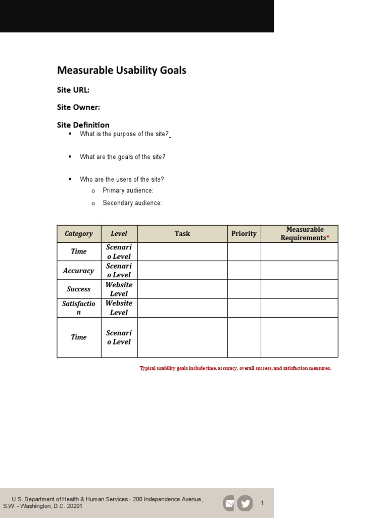 Measurable Usability Goals Template | PDF | Usability | Cyberspace