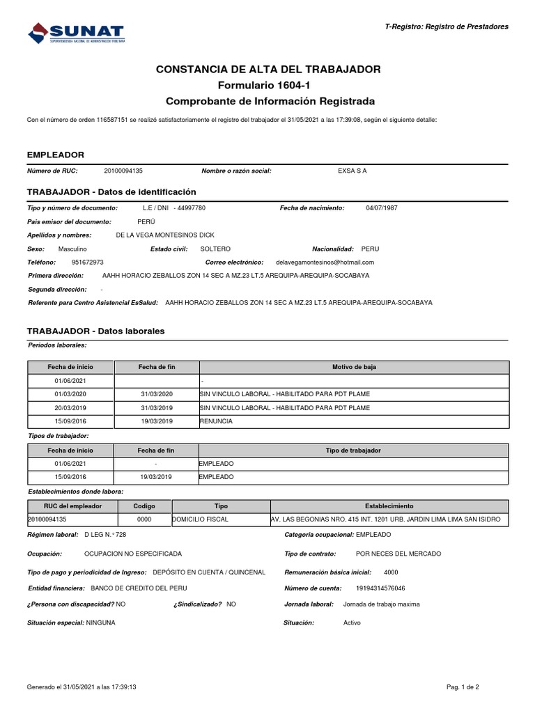 Registro de Trabajador SUNAT 1604-1 | PDF | Empleo | Economias
