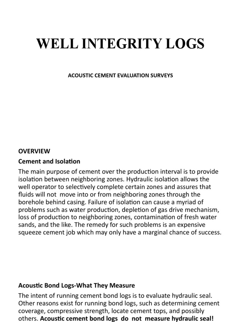 Well Integrity Logs: Acoustic Cement Evaluation Surveys (CBL | PDF ...