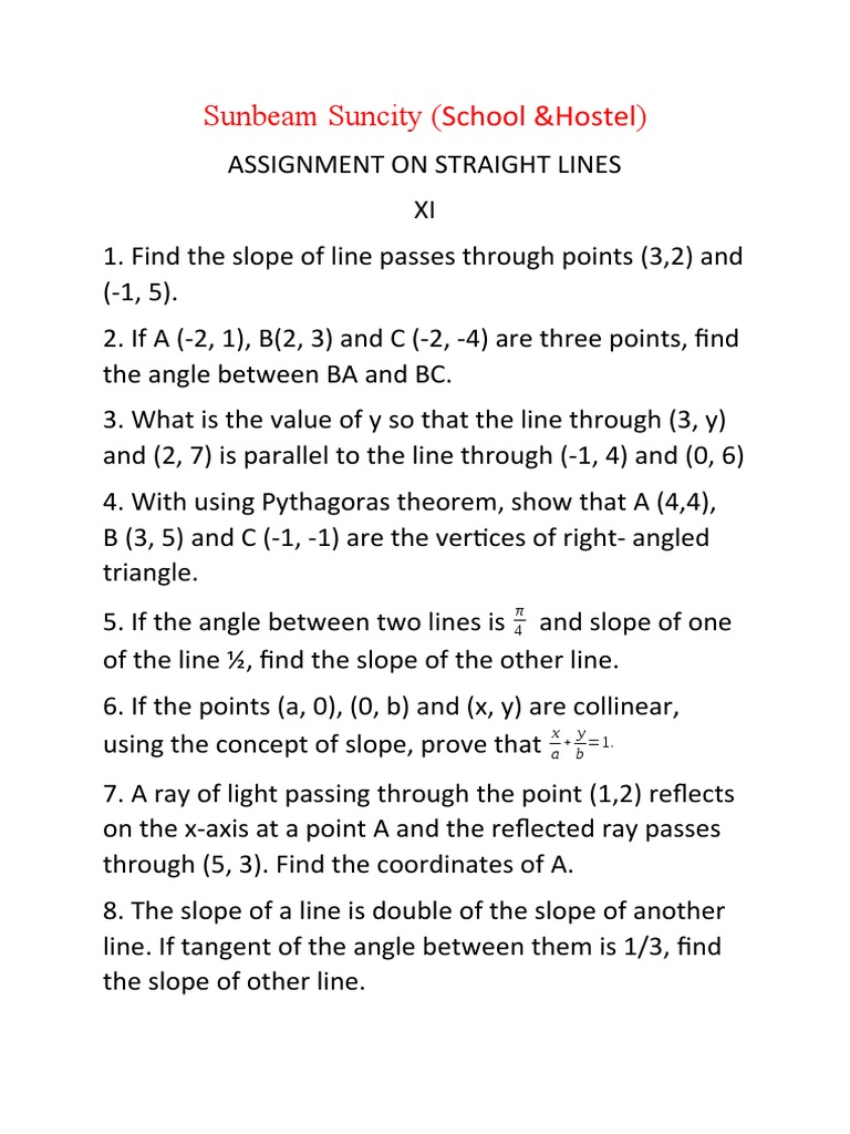 Straight Line Assignment Solutions for Class 11 | PDF | Cartesian ...