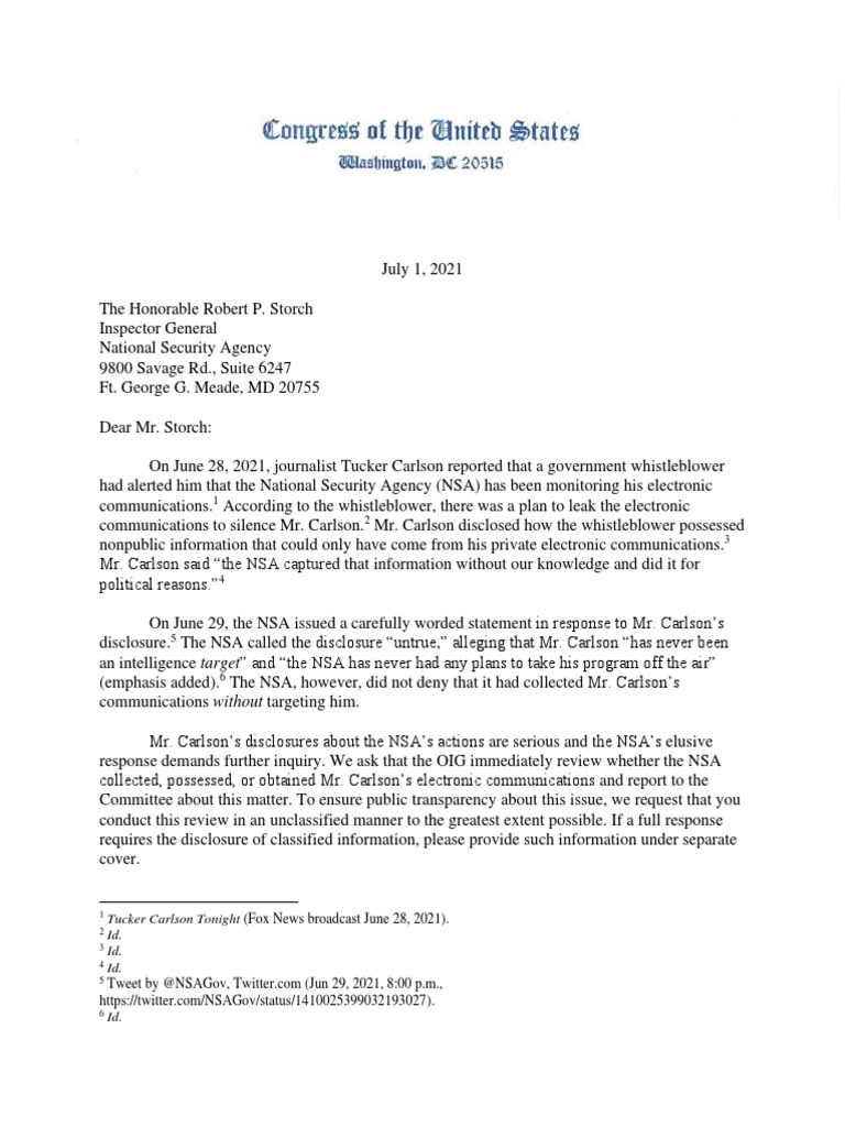 Jordan Comer Gaetz NSA Letter | PDF | National Security Agency ...