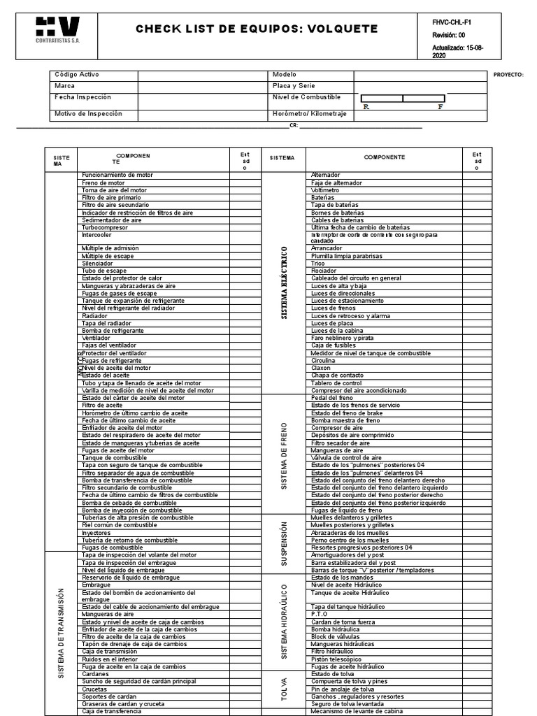 Check List de Volquete y Mantenimiento | PDF | Embrague | Bomba