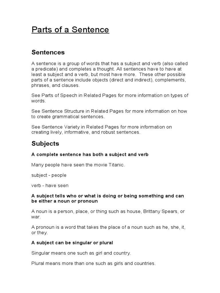 Parts of A Sentence | PDF | Verb | Subject (Grammar)