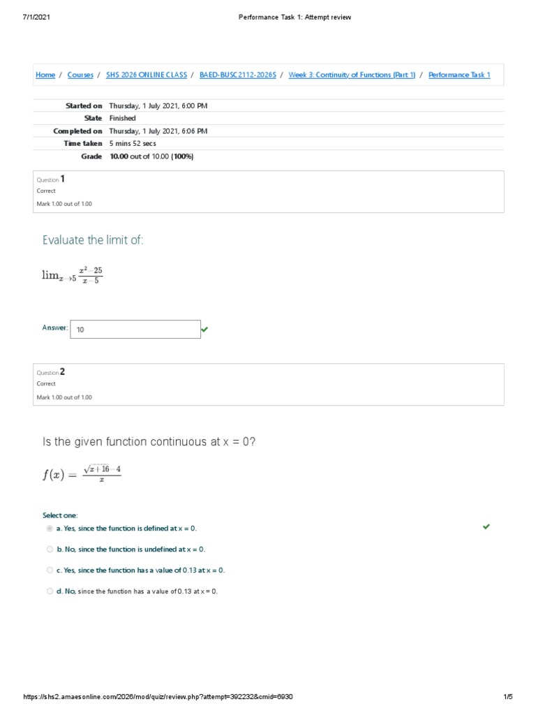 BUSC2112 Basic Calculus Performance Task 1 - Attempt Review | PDF ...